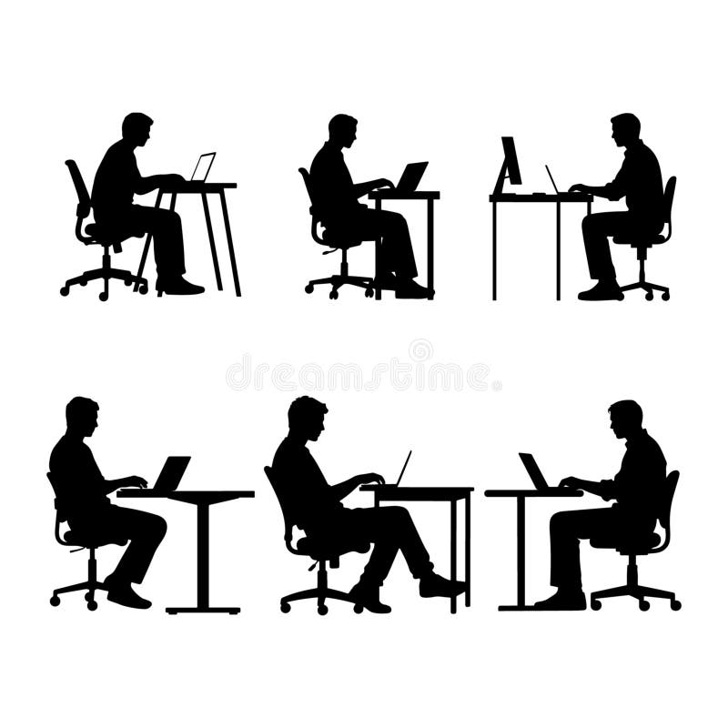 Office Work Silhouette Collection of Men at Desks Using Laptops and ...