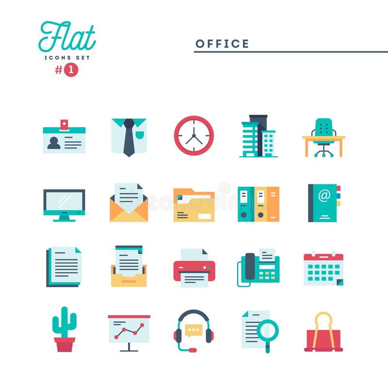 Office, Work Space and Items, Flat Icons Set Stock Illustration ...