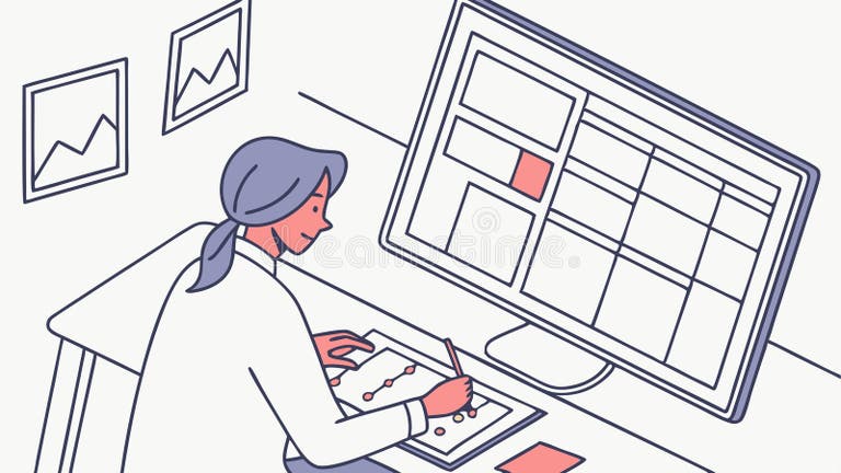 An Office Worker Analyzing Data on a Computer Spreadsheet, Vector ...