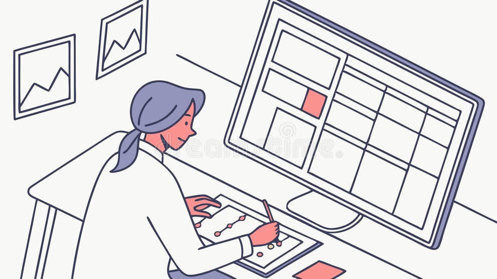 An Office Worker Analyzing Data on a Computer Spreadsheet, Vector ...