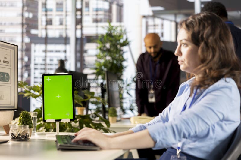 Office Worker Analyzing Online Statistics Next To Copy Space Mockup ...