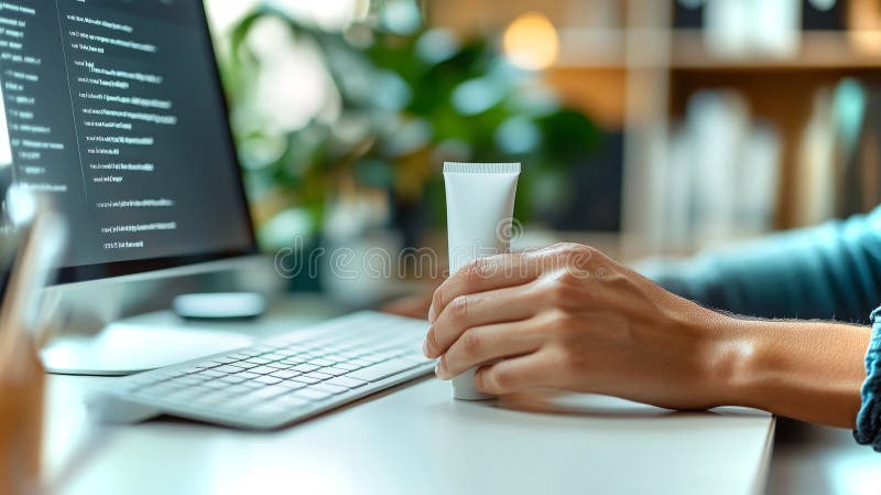 Office Worker Applying Skincare Cream while Focused on Computer Tasks ...