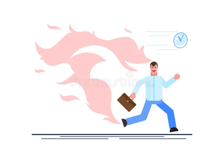 Office Worker Character Running with Back on Fire. Deadline and Rush ...