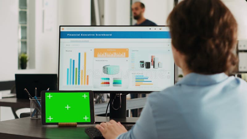 Office Worker Checks Greenscreen Display Stock Footage - Video of ...