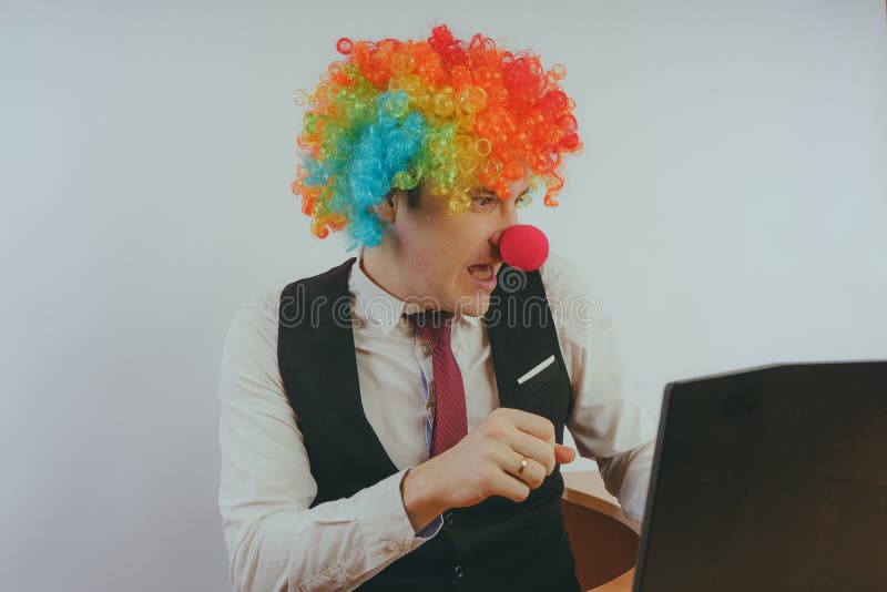 Office Worker in Clown Wig, Clown Concept at Work. Stock Image - Image ...