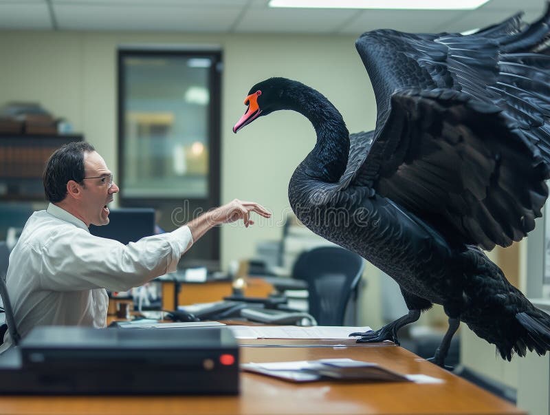 Office Worker Confronted by a Large Black Swan in a Professional ...