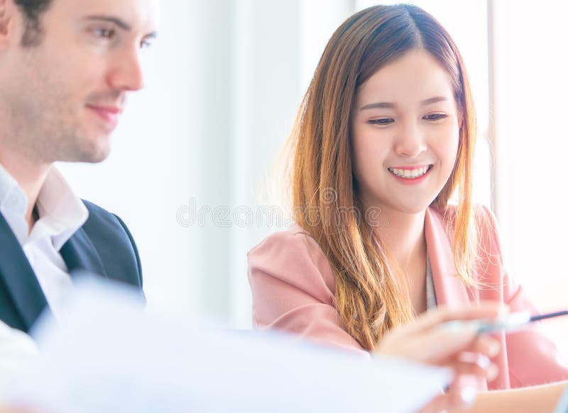 Office Worker Couple Talking Happily Flirting Each Other Stock Photo ...