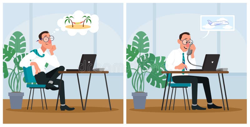 Office Worker Dreaming about Vacation and Booking Tickets on Plane ...