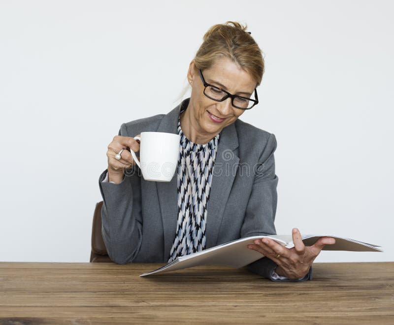 Office Worker Drinking Coffee Reading Book Stock Photo - Image of ...
