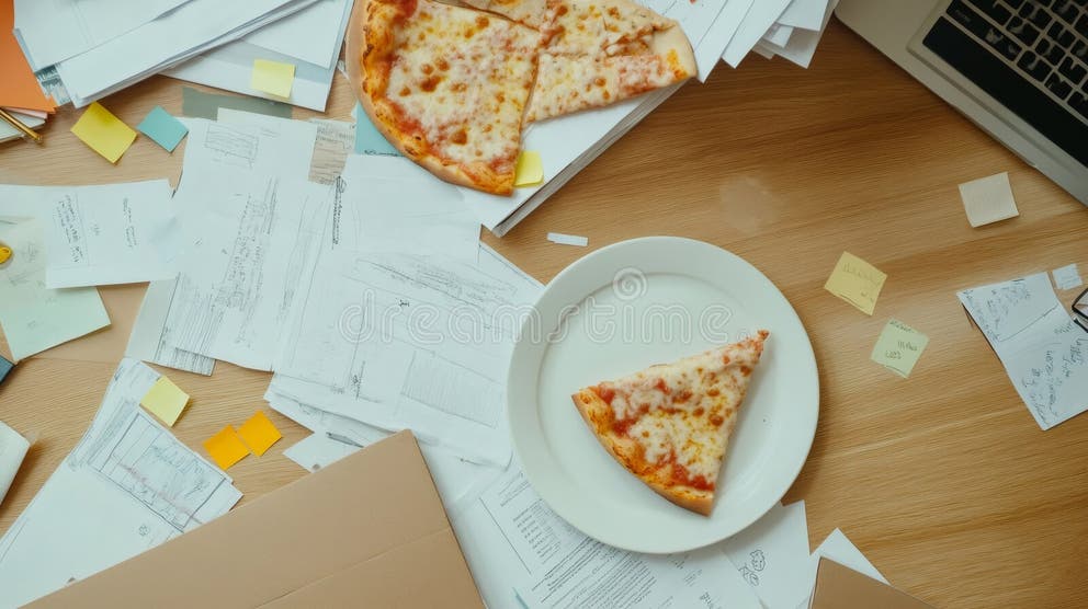 Office Worker Eating Pizza while Working Under Pressure with Many ...