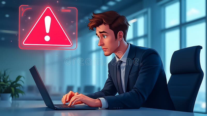 Office Worker Expressing Concern Over Alert Notification on Laptop ...