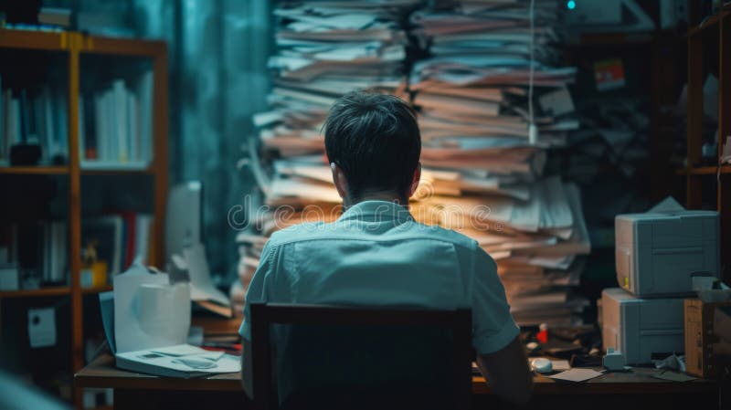 Office Worker Facing Massive Pile of Documents at Night Stock Image ...