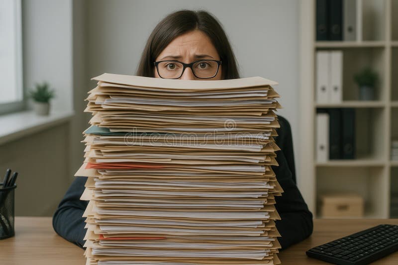 Office Worker Overwhelmed by Paperwork Hiding Behind Stack of Folders ...