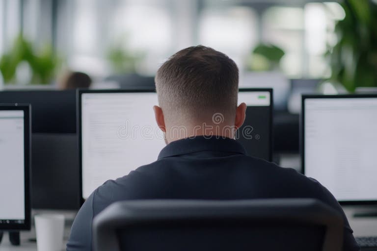 Office Worker Focused on Computer Screens in a Modern Workspace during ...