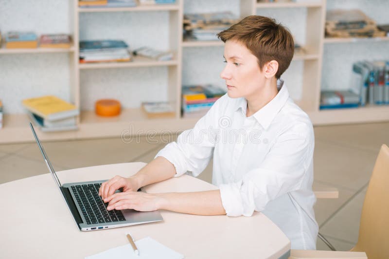 Office Worker Girl Spacious Office Working Laptop Stock Image - Image ...