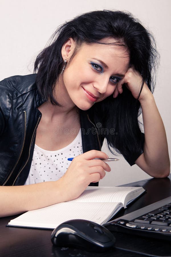 Office Worker Girl Working Computer Does Records Diary White Background ...