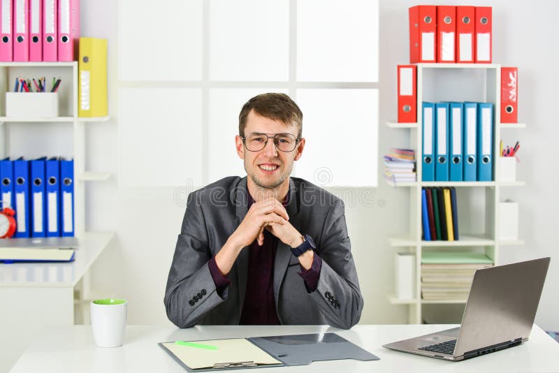 Office Worker Guy Sit Table Laptop Computer, Job Interview Concept ...