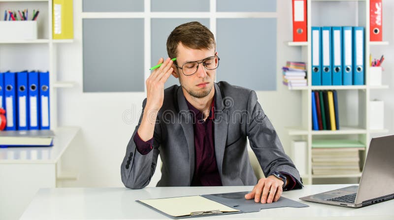 Office Worker Guy Sit Table Laptop Computer, Solving Problem Concept ...