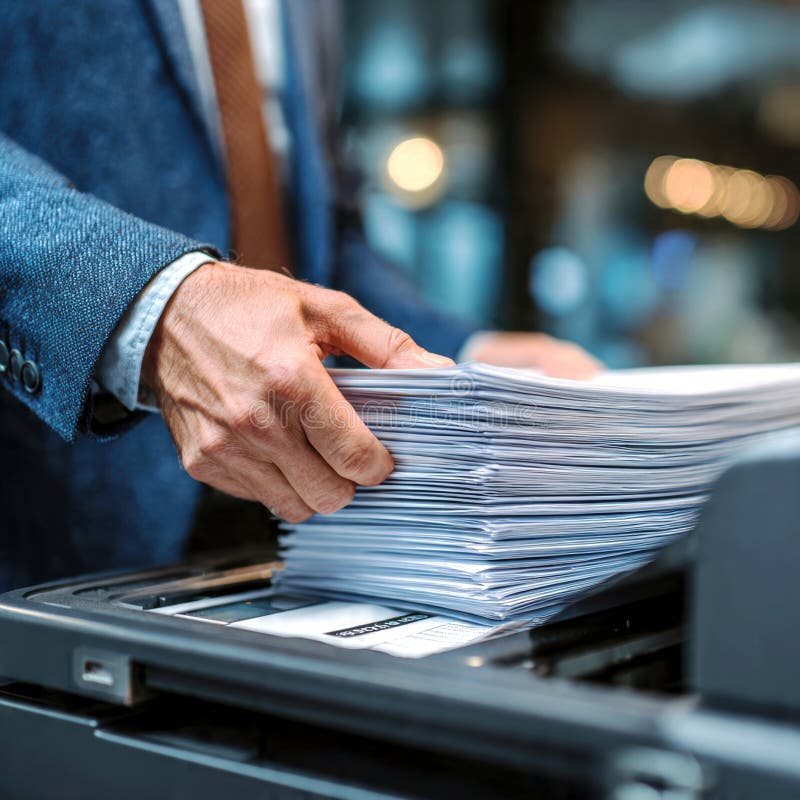 Office Worker Handling Documents at Printer in Modern Workspace Stock Image - Image of assistant ...