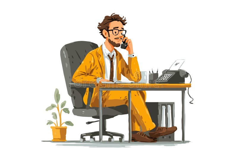 Office Worker Having a Phone Call in His Tiny Room St Table Isolated ...