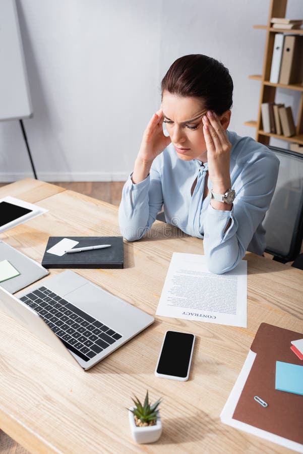 Office Worker with Headache Sitting at Stock Photo - Image of beautiful ...