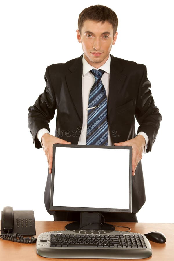 Office Worker Holding Blank Computer Monitor with Clipping Path Stock ...