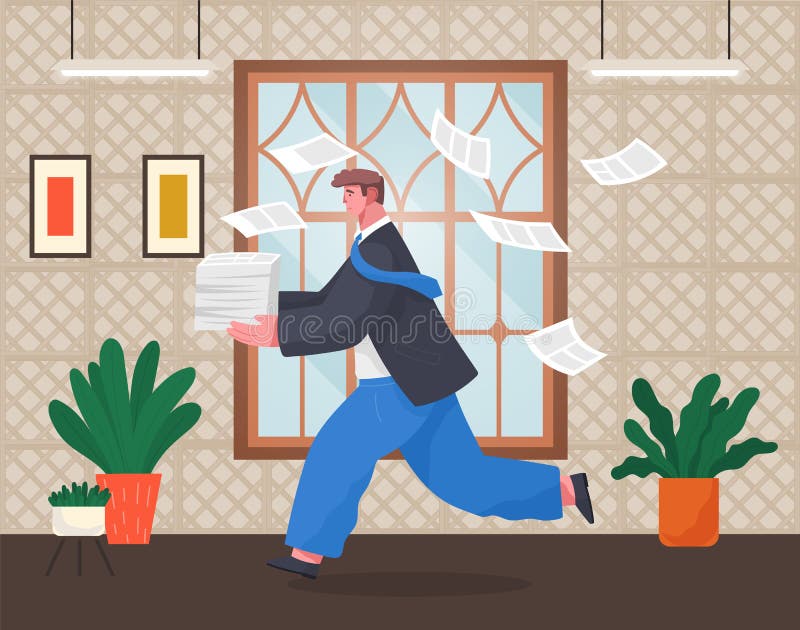 Office Worker Holding Stack of Documents Running in Office, Unorganized ...