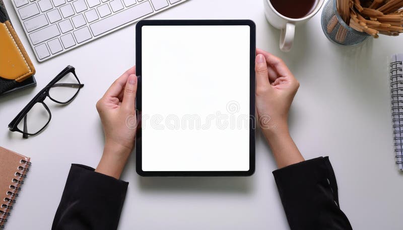An Office Worker is Holding a Tablet with a White Screen. Stock ...