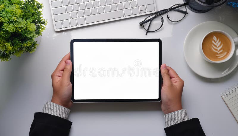 An Office Worker is Holding a Tablet with a White Screen. Stock ...
