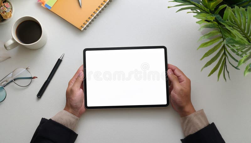 An Office Worker is Holding a Tablet with a White Screen. Stock ...