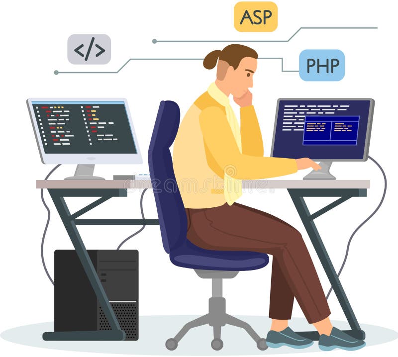 Office Worker Male Character Sitting at Table with Computer Programmer ...