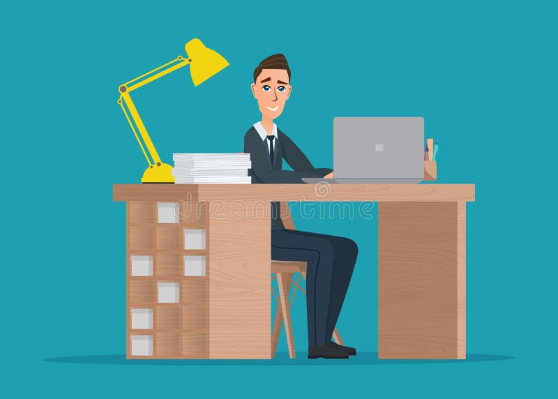Office Worker Man Behind a Desktop. Vector Illustration Isolated Stock ...