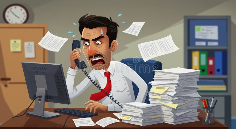 Office Worker Multitasking Stressful Phone Call Humorous Scene a ...