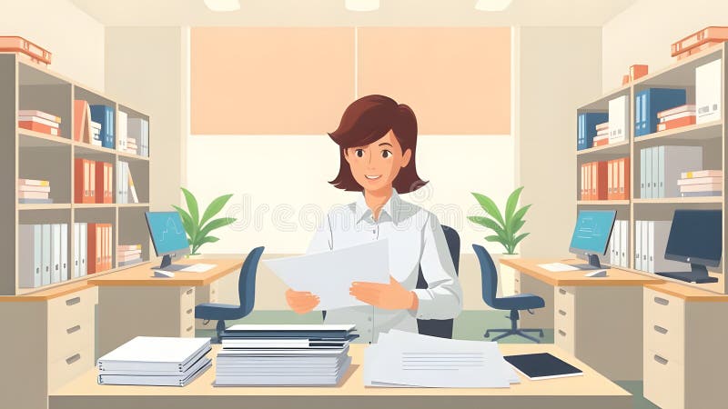 Office Worker Organizing Documents in a Bright Workspace during the Day ...