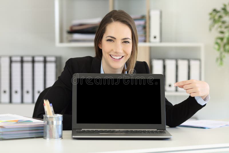 Office Worker Pointing at a Laptop Screen Mockup Stock Image - Image of ...