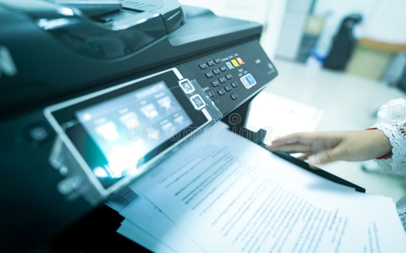 Office Worker Print Paper on Multifunction Laser Printer. Copy, Print ...