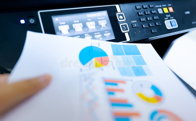 Office Worker Print Paper on Multifunction Laser Printer. Copy, Print, Scan, and Fax Machine in ...