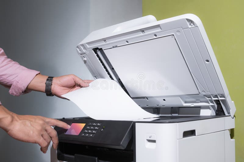 Office Worker Prints Paper on a Multifunction Laser Printer in Home ...