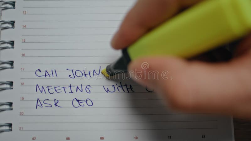 Office Worker Putting Marks in Schedule at Table Closeup. Man Marking ...