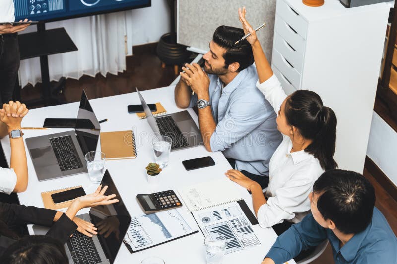 Office Worker Raise Hand Up Asking for Question during Business Meeting ...