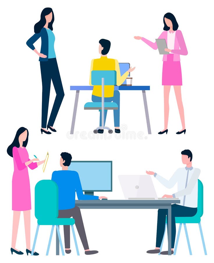 Office Worker Sit at Table Discuss Business Issues Stock Vector ...