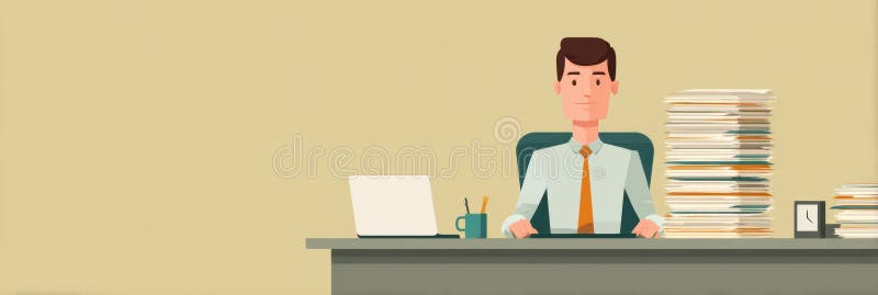 Office Worker Sitting at a Clean Desk with Documents, Empty Space, and ...