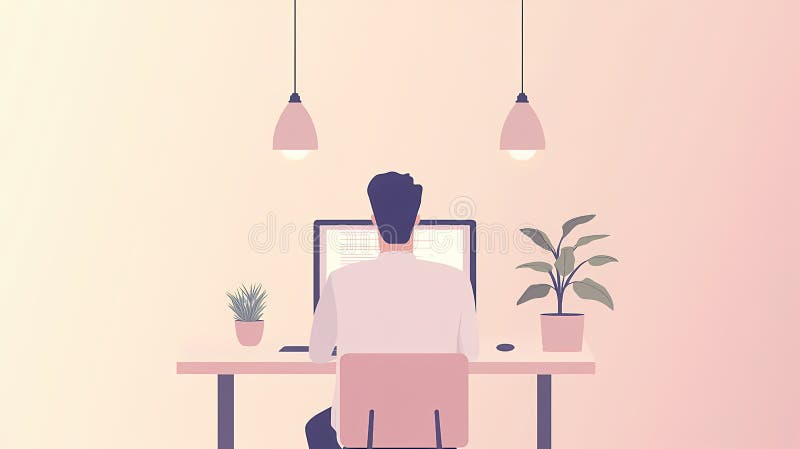 Office Worker Sitting at Desk Using Desktop Computer Working from Home ...