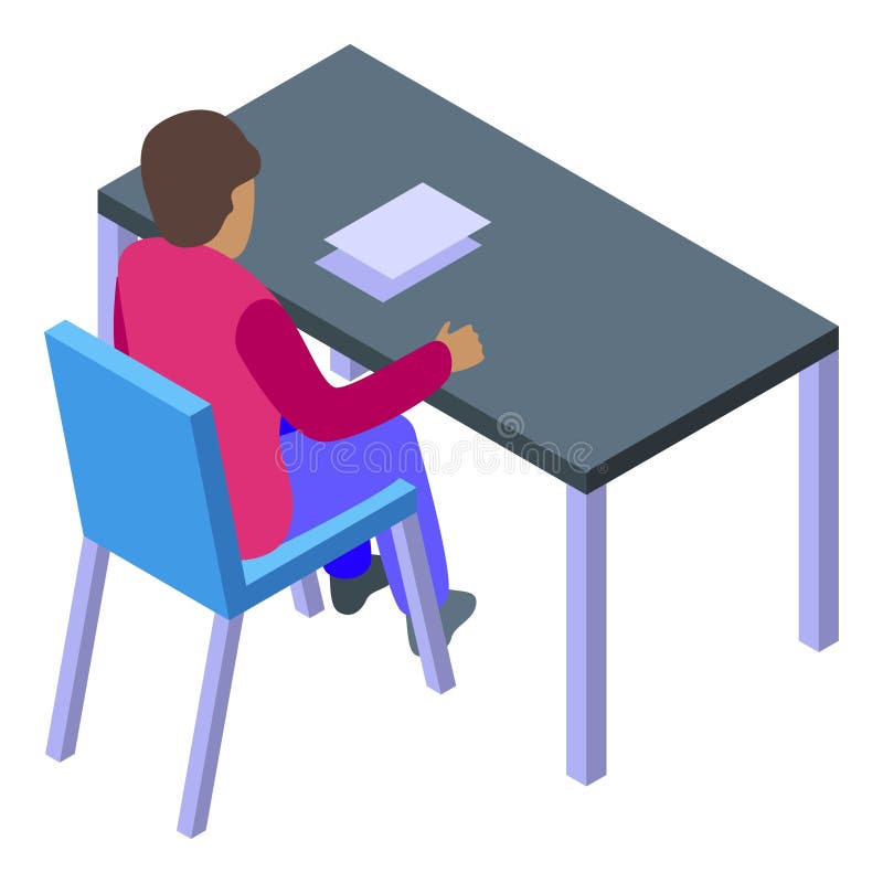 Office Worker Sitting at Desk Working on Documents Isometric Icon Stock ...