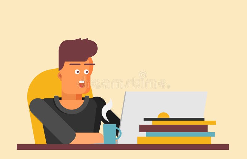 Office Worker Sitting and Working at Desktop Computer in the Flat Style ...