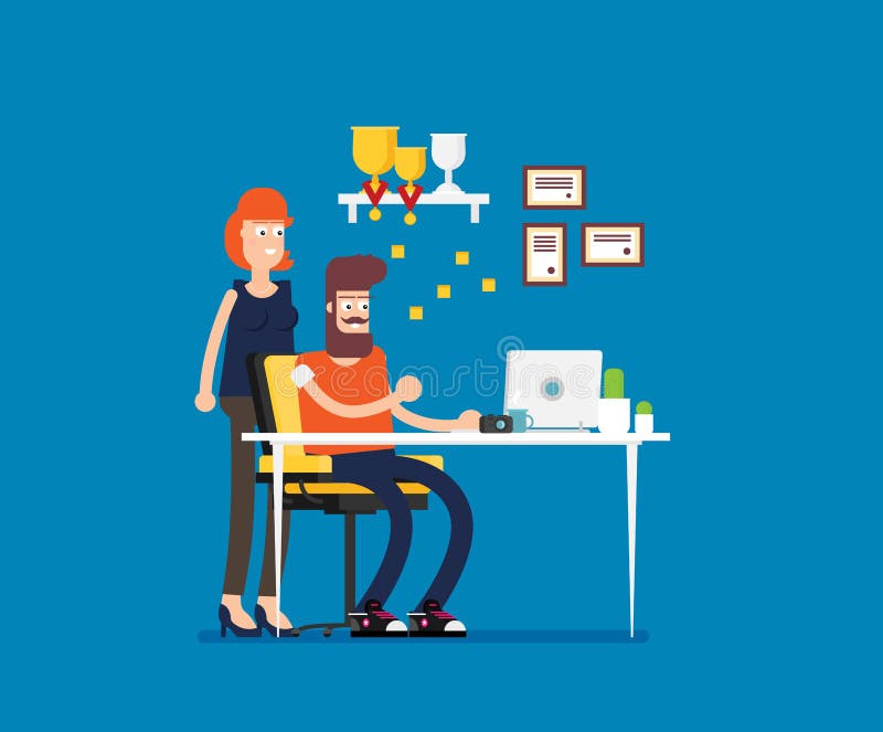 Office Worker Sitting and Working at Desktop Computer in the Flat Style ...