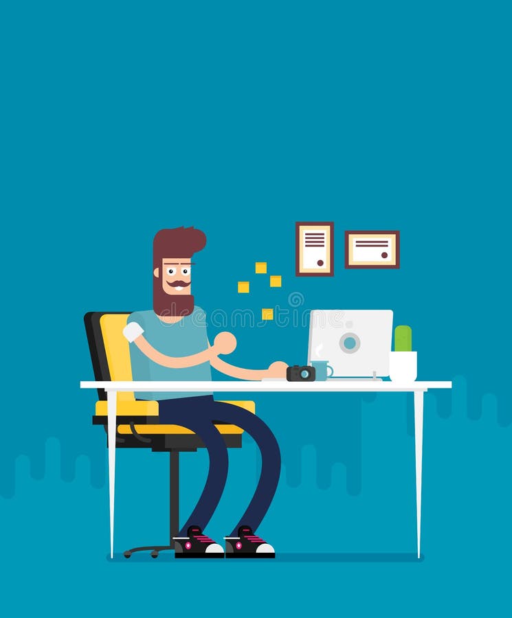 Office Worker Sitting and Working at Desktop Computer in the Flat Style ...