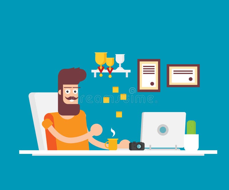 Office Worker Sitting and Working at Desktop Computer in the Flat Style ...