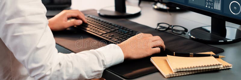 Office Worker Sitting on Workspace Desk Typing on Keyboard ...