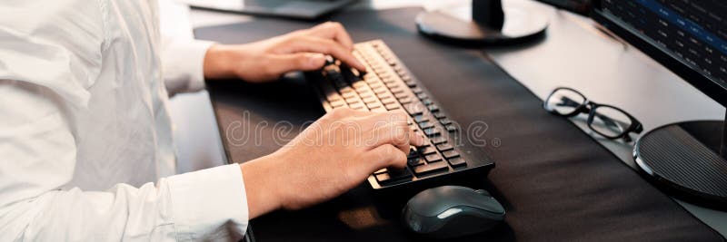 Office Worker Sitting on Workspace Desk Typing on Keyboard ...